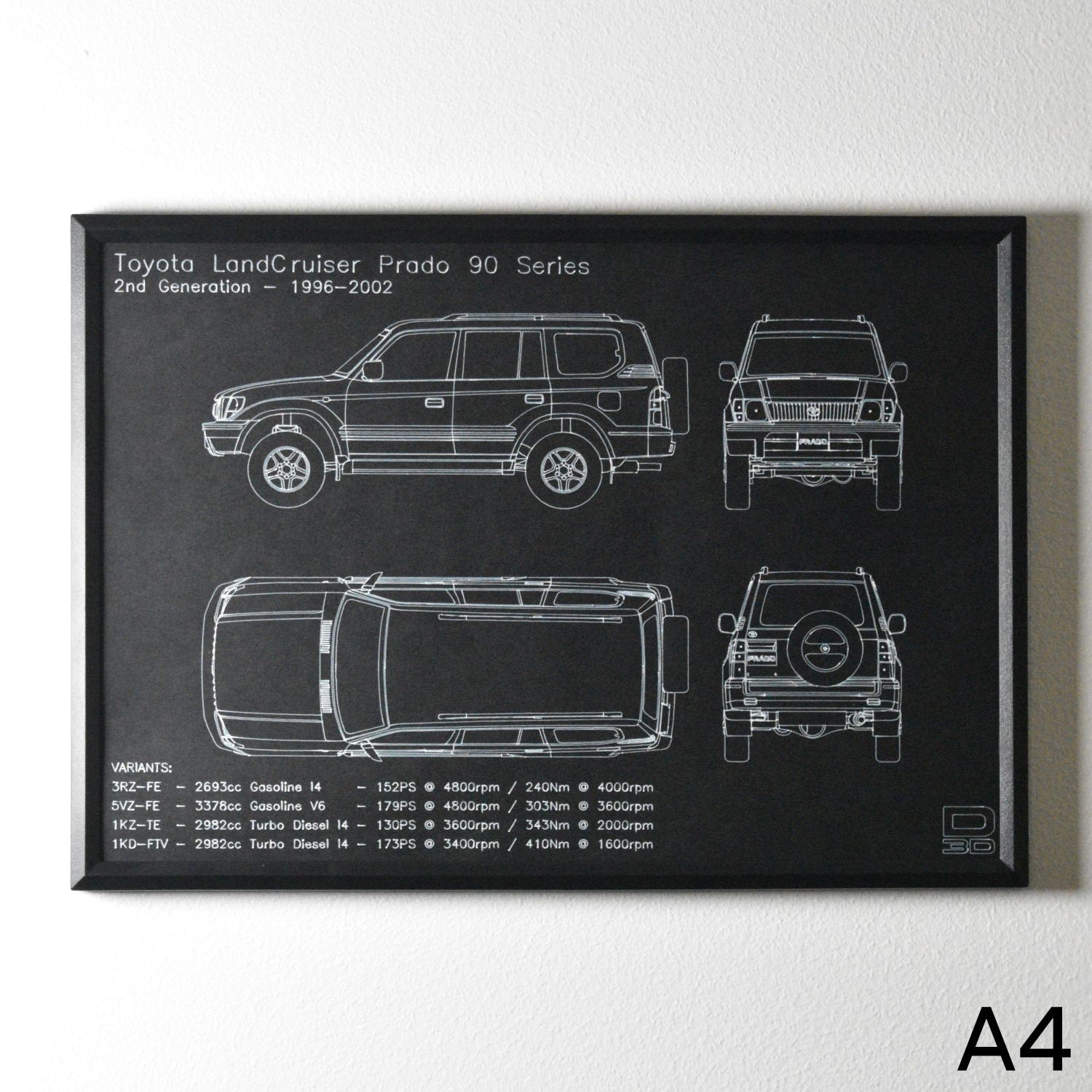 Framed Blueprint Drawing - Toyota LandCruiser Prado Models – Diverge 3D